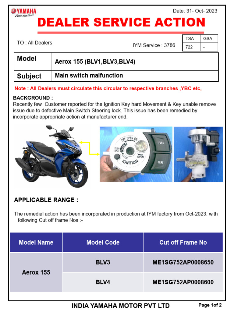 Yamaha Aerox 155 Main Switch Recall | PDF