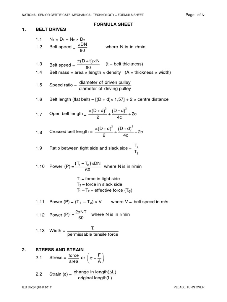 Mechanical Technology Ieb NSC Grade 12 Past Exm 2017 Formula Sheet ...