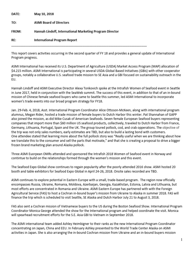 ASMI International Program Q2 Report 2018 | PDF | Seafood | Salmon