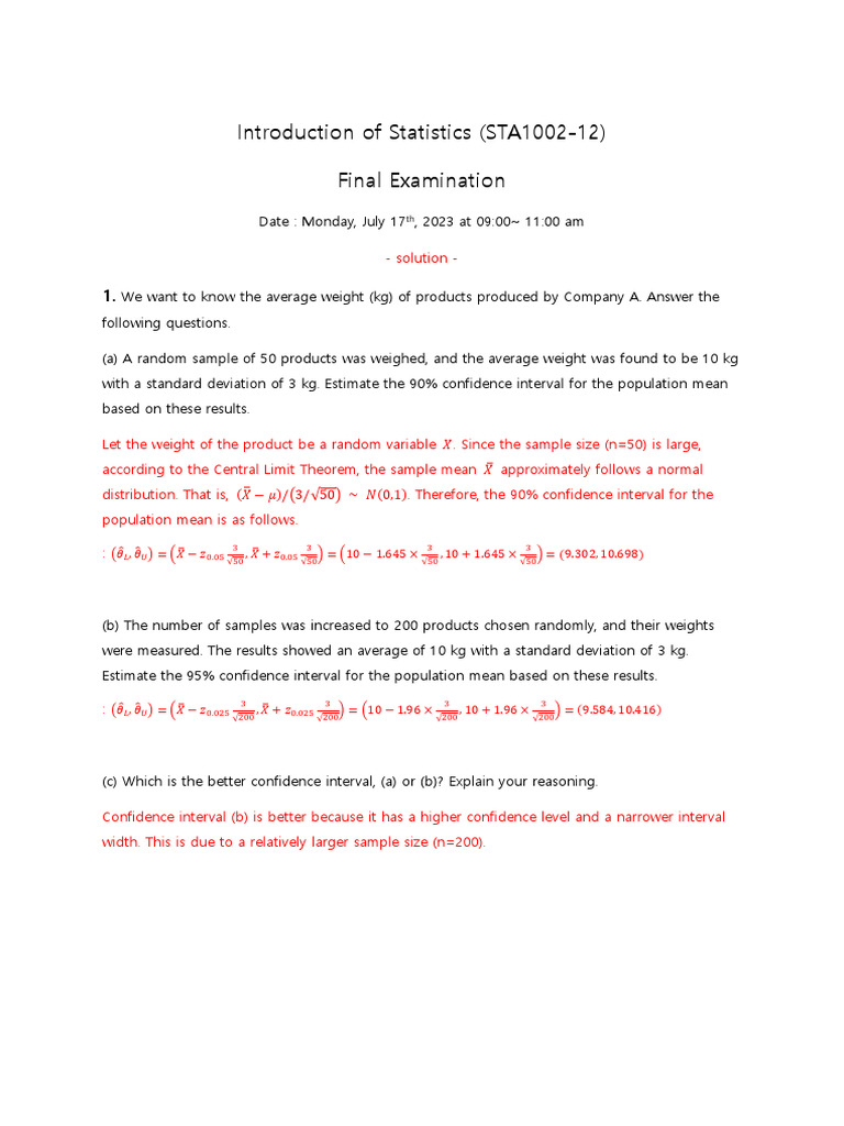 Final_2023_Summer_IntroStat_sol | PDF | P Value | Statistical Significance
