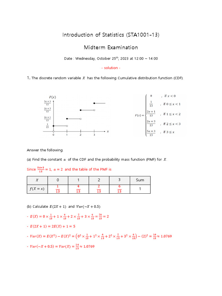 Statistics Midterm Exam Solutions | PDF | Probability Distribution | Probability