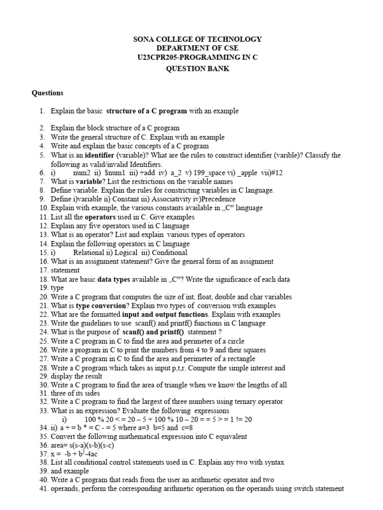 UNIT Wise Question Bank CP | PDF | Matrix (Mathematics) | C (Programming Language)
