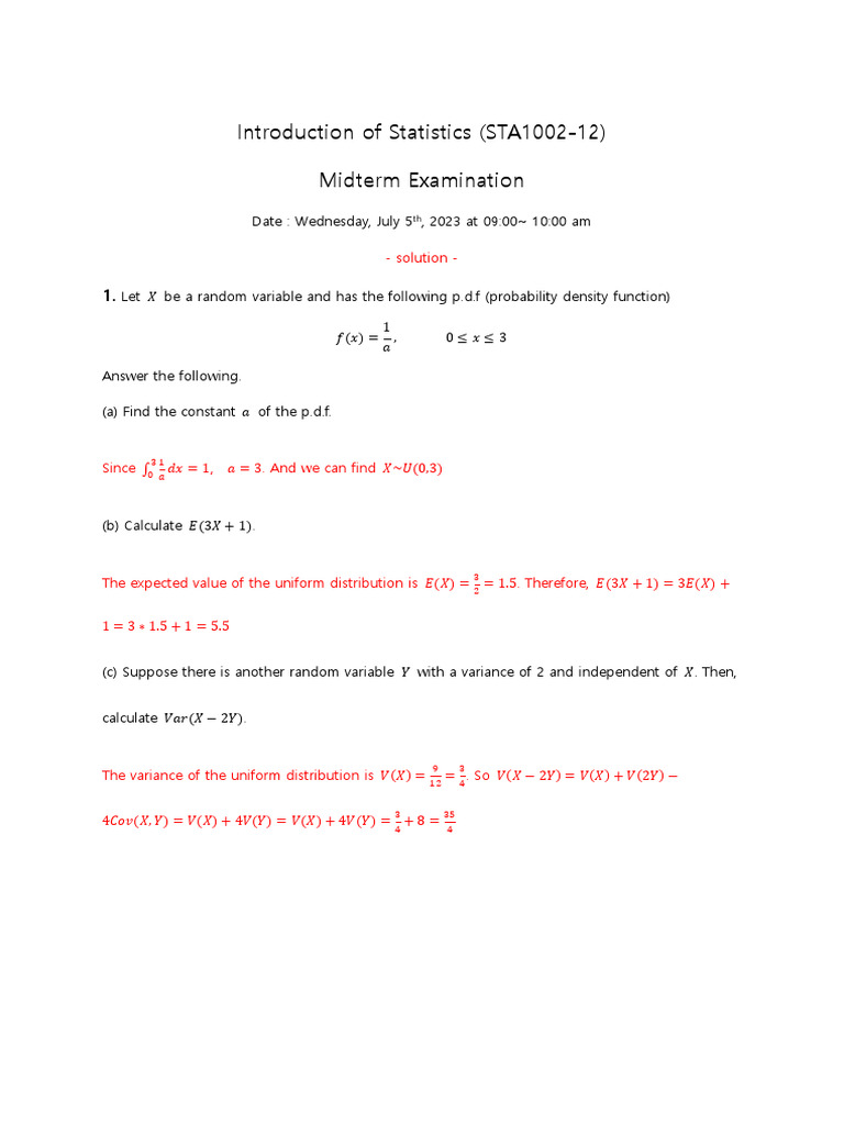 Midterm 2023 Summer IntroStat Sol | PDF | Probability Distribution ...