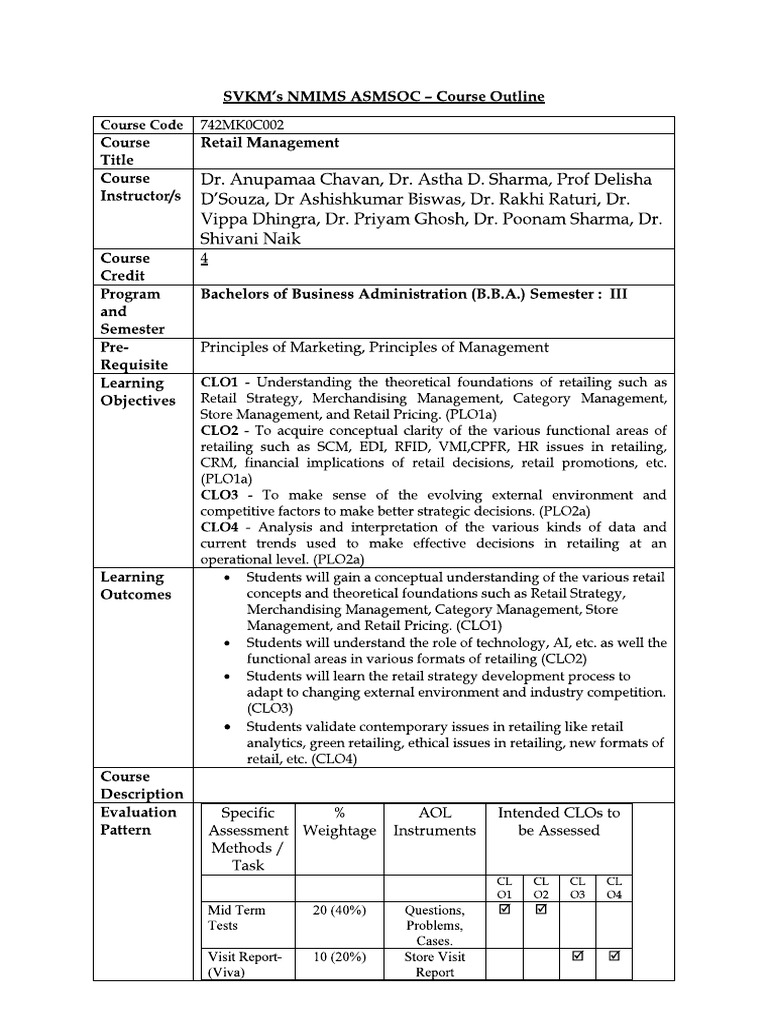 Retail Management - Course Outline SYBBA Sem-III | PDF