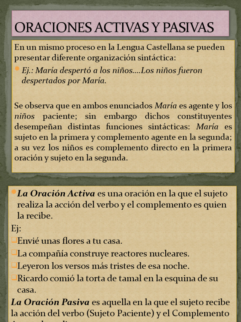 Oraciones Activas y Pasivas en Español | PDF | Asunto (gramática ...