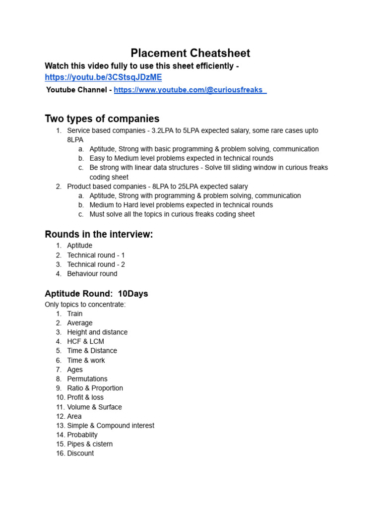 Placement Cheatsheet - Curious Freaks | PDF | Computer Programming ... Placement Cheatsheet - Curious Freaks | PDF | Computer Programming ...