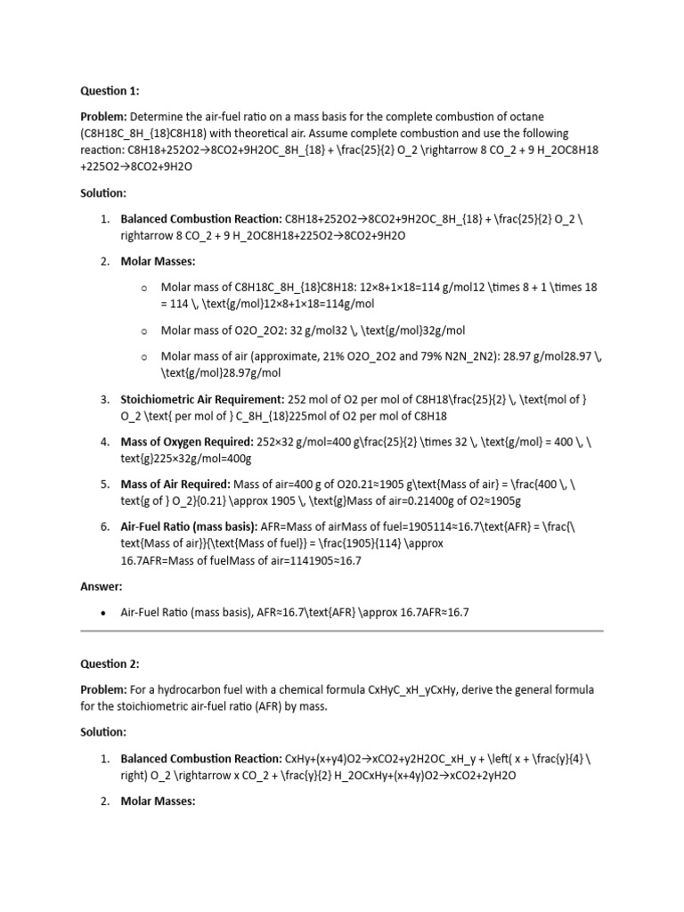 Combustion Questions | PDF | Mole (Unit) | Stoichiometry