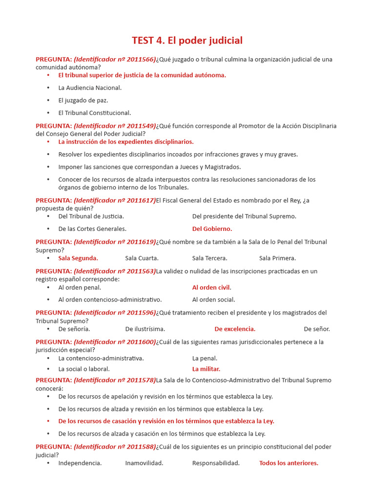 Test Tema 4. El Poder Judicial | PDF | Judicaturas | Fiscal