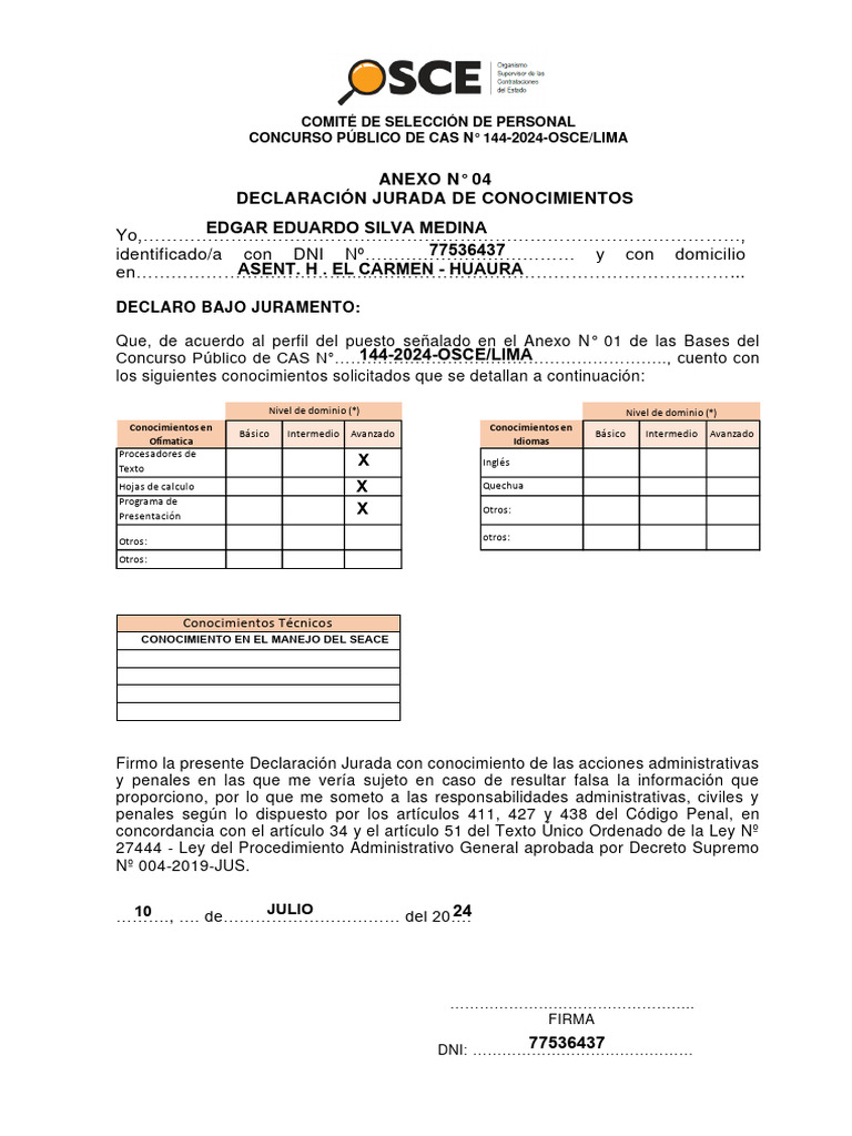 anexo-n-04-declaracion-jurada-de-conocimientos | PDF | Justicia | Crimen y violencia