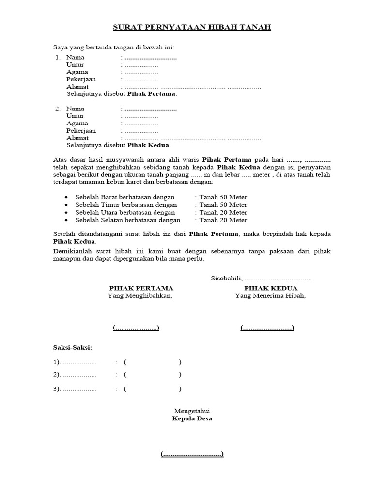 Contoh Format Surat Hibah Tanah | PDF
