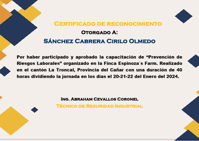 Certificado de Reconocimiento - Sánchez Cirilo | PDF
