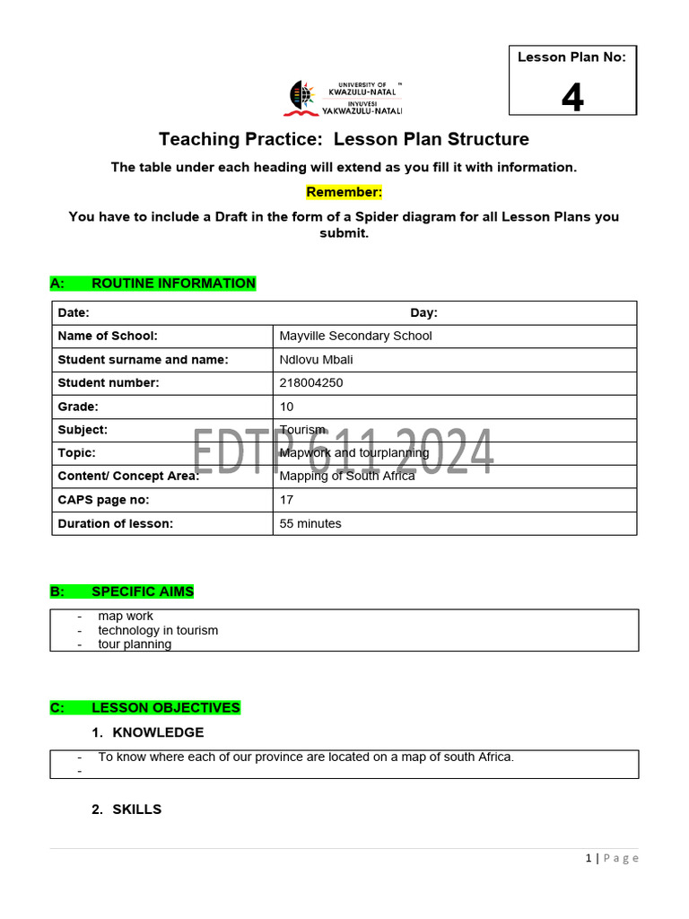 MAPPING OF SOUTH AFRICA LESSON PLAN | PDF | Lesson Plan | South Africa
