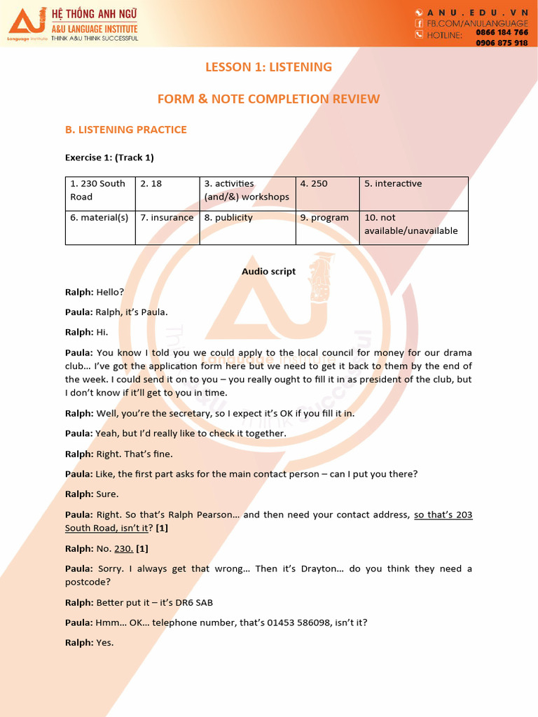 Listening - Form - Note Completion - Homework - Key | PDF | Career & Growth