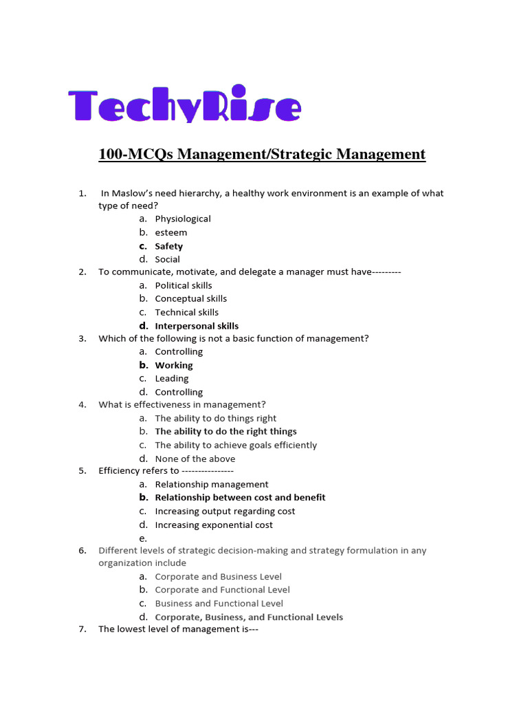 MCQs on Management Concepts and Roles | PDF | Strategic Management ...