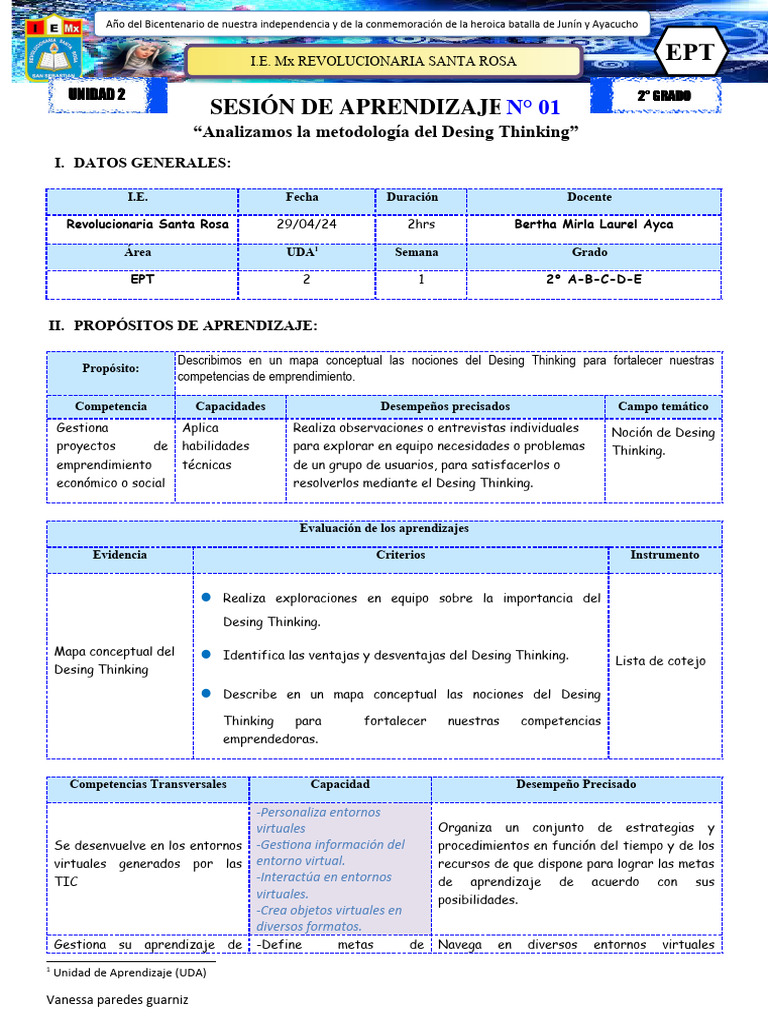 S1-U2-Analizamos La Metodología Del Desing Thinking-EPT-2DO | PDF | Aprendizaje | Evaluación