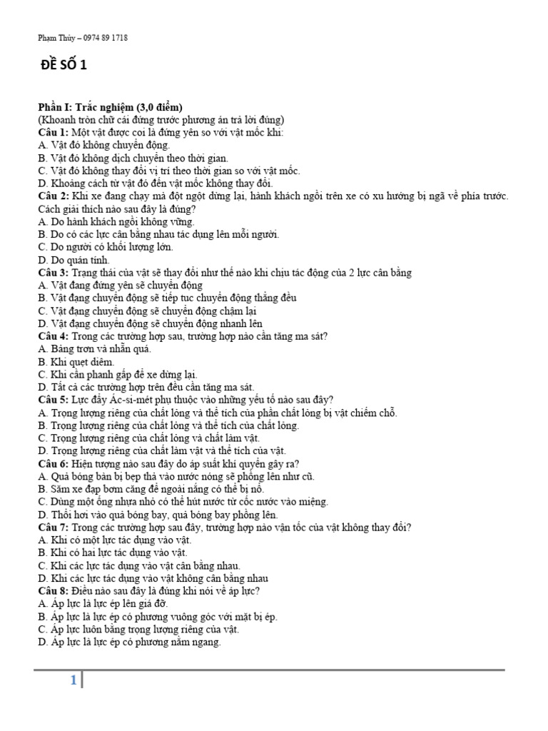 BỘ ĐỀ THI VẬT LÝ 8 HK1 | PDF