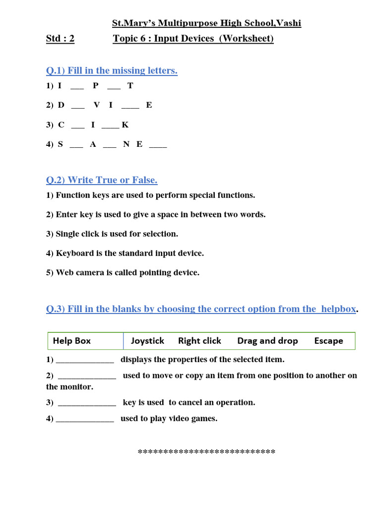 Topic 6 - Input Devices - Worksheet | PDF | Games & Activities