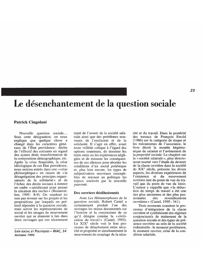 Critique Des Métamorphoses de La Question Sociale Et Du Désenchantement ...