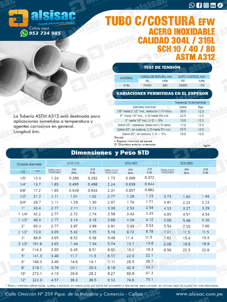 Tubo Ac. Inox C-304L-316L Astm A312 SCH 10 40 80 Ccostura Efw | PDF | Ciencias fisicas