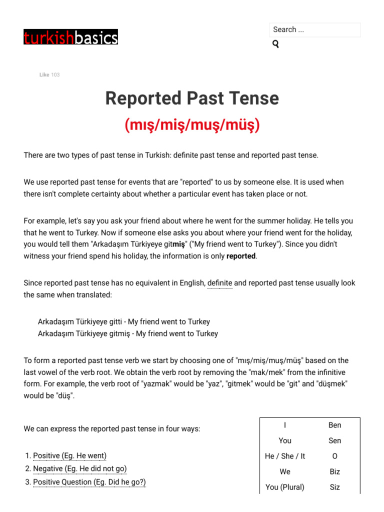 Reported Past Tense in Turkish - Turkish Basics | PDF