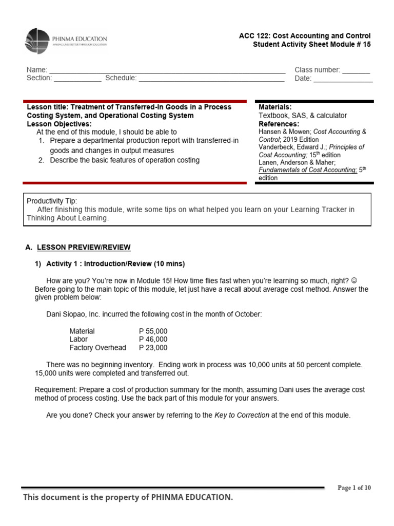 Acc 122 - Sas - Day 15 | PDF | Cost Accounting