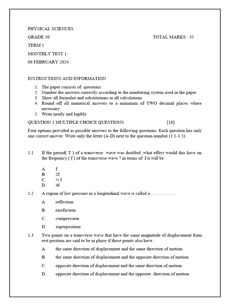 Physical Sciences Test 1 2024 | PDF | Waves | Electromagnetic Radiation