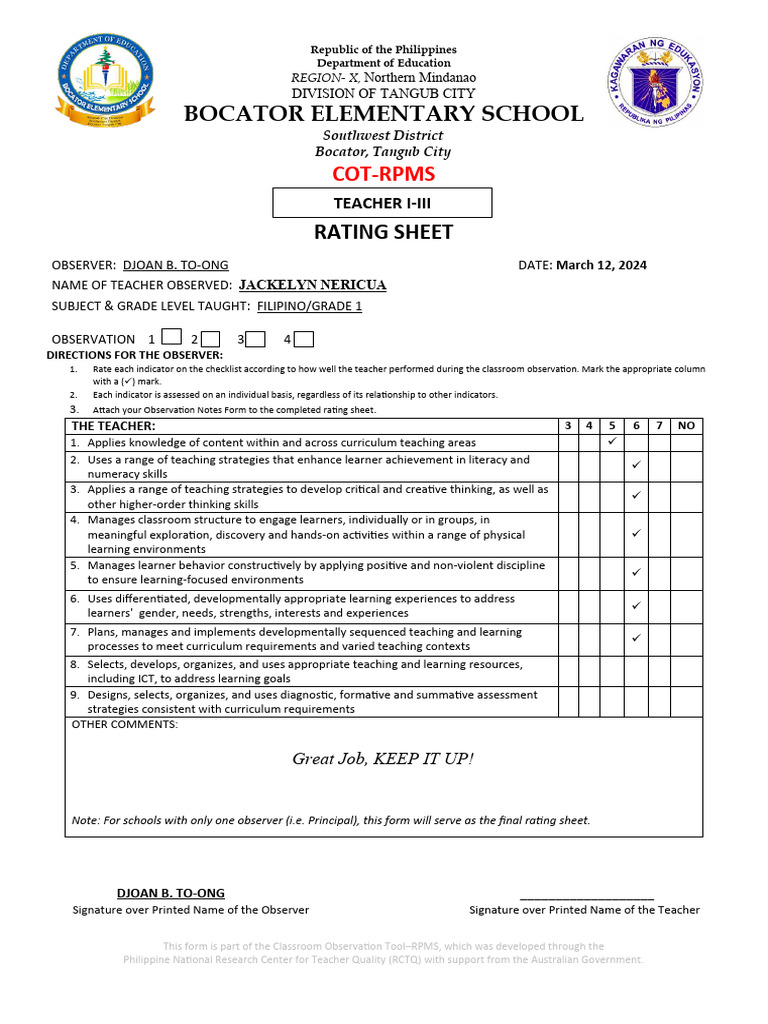 Classroom Observation Rating Sheet | PDF | Teachers | Learning
