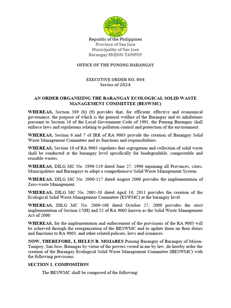 Barangay Ecological Solid Waste Management | PDF | Waste Management | Municipal Solid Waste
