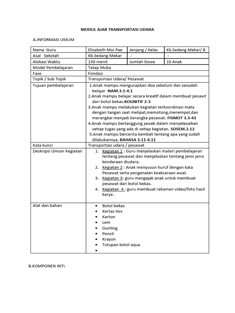 Modul Ajar Transportasi Udara TK | PDF