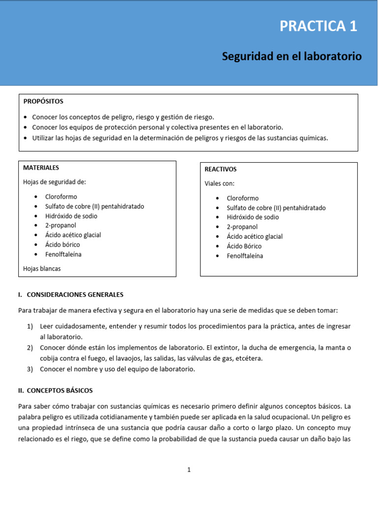 Práctica 1. Seguridad en El Laboratorio | PDF | Laboratorios | Química