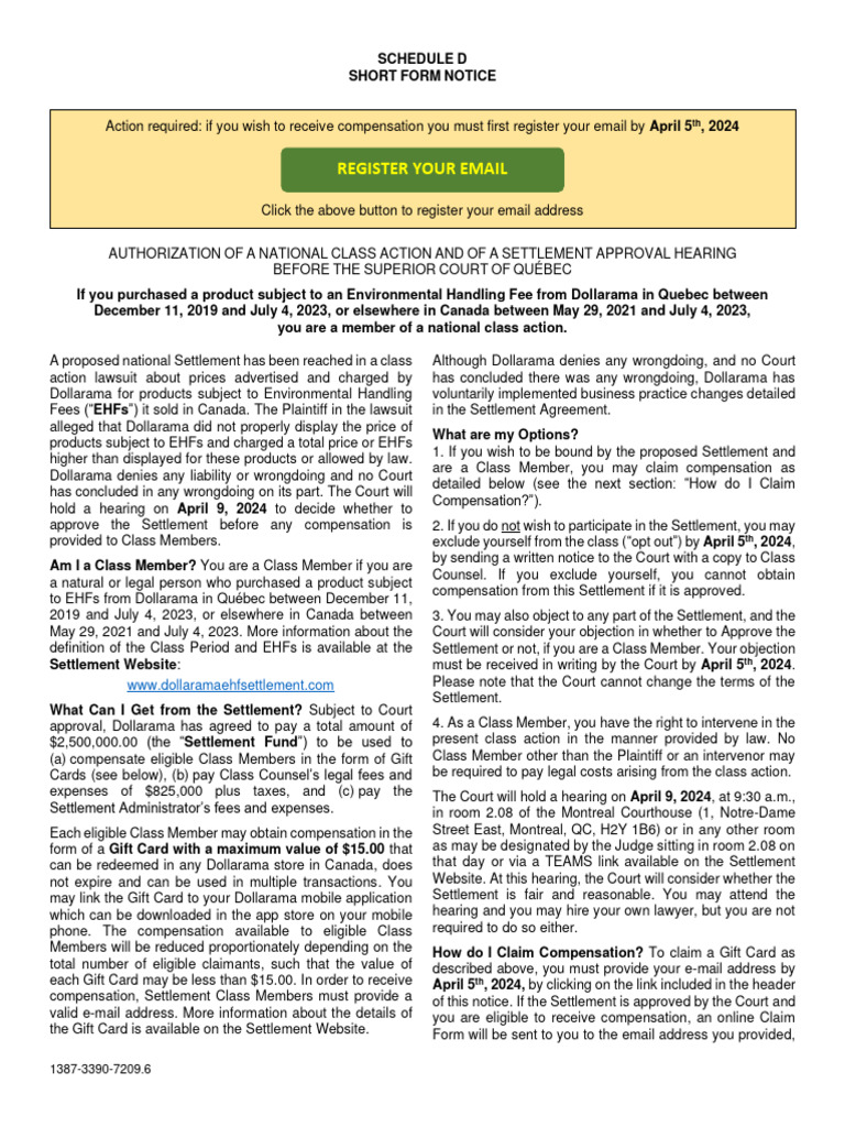 Dollarama Short Form Notice en | PDF | Class Action | Settlement ...