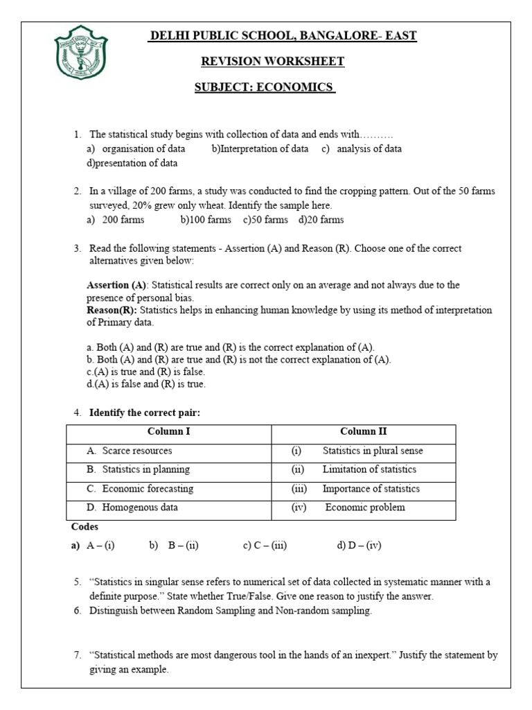 Revision worksheet | PDF | Statistics | Economics