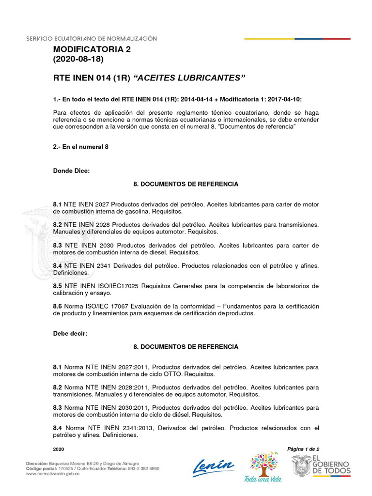Modificatoria 2 (2020-08-18) RTE INEN 014 (1R) : "Aceites Lubricantes ...
