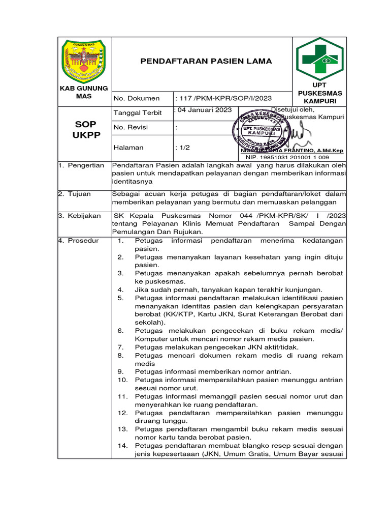 Sop Pendaftaran Pasien Lama | PDF