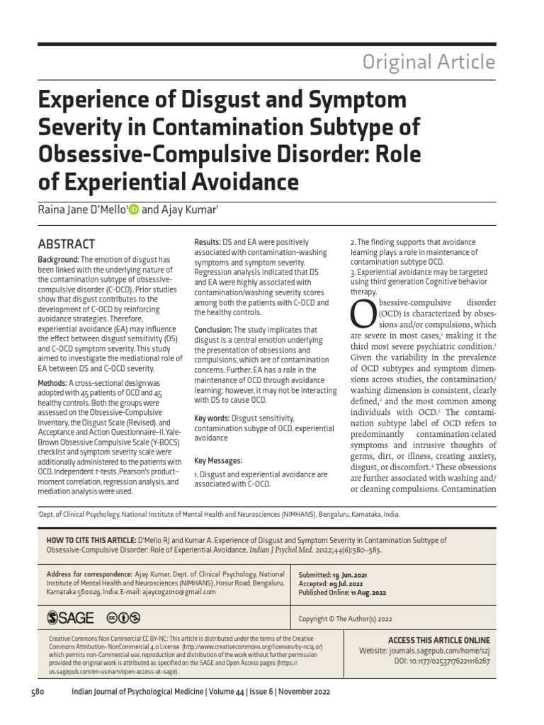 Experience of Disgust and Symptom | PDF | Obsessive–Compulsive Disorder ...