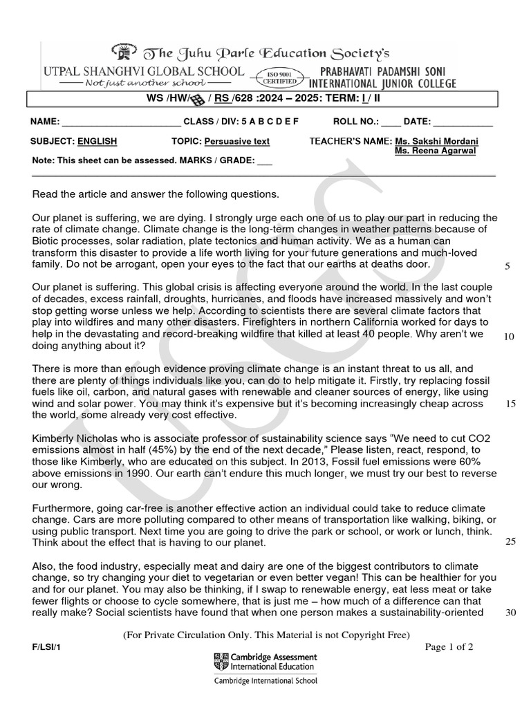 Persuasive Text - Comprehension | PDF | Climate Change | Environmental ...