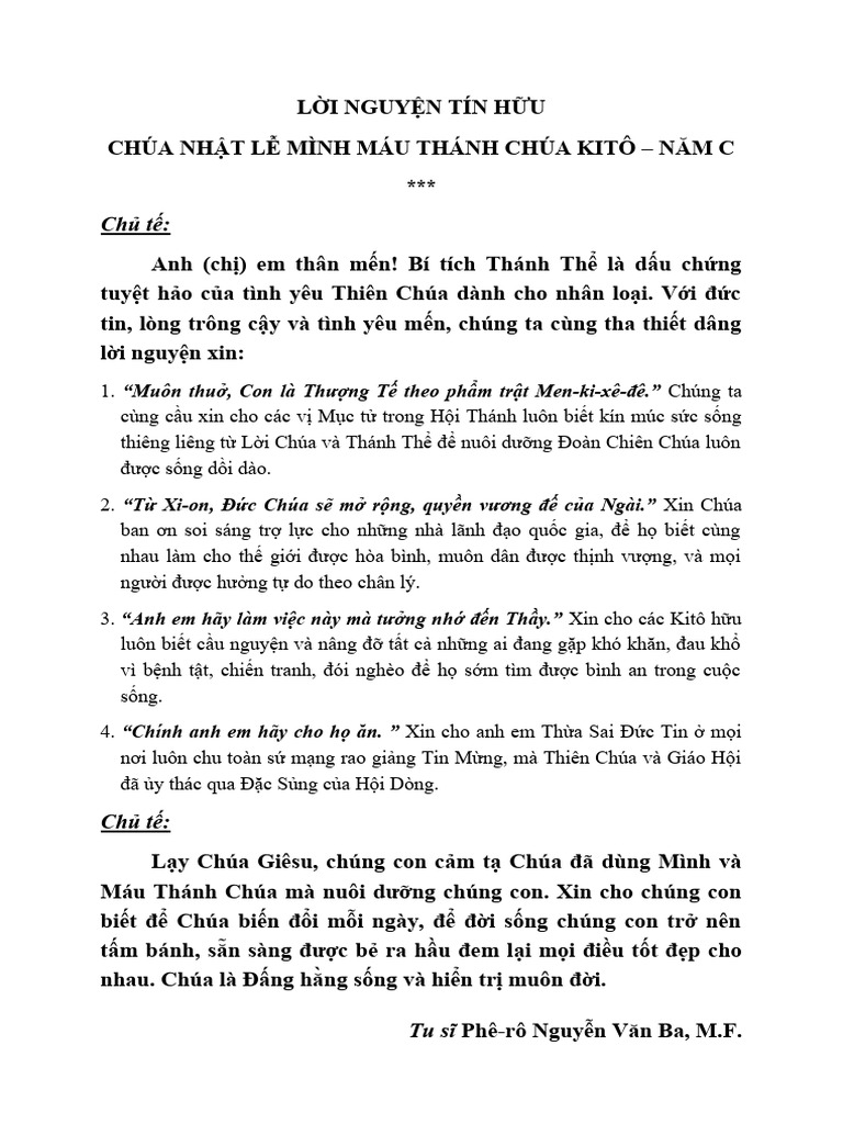 Lời nguyện tín hữu CN - Mình - Máu - Thánh - C | PDF