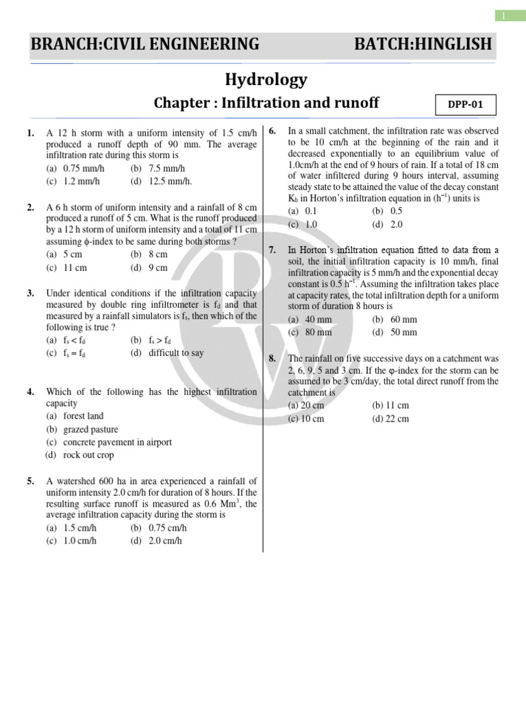 Infiltration & Runoff - DPP 01 | PDF | Earth Sciences | Chemical ...