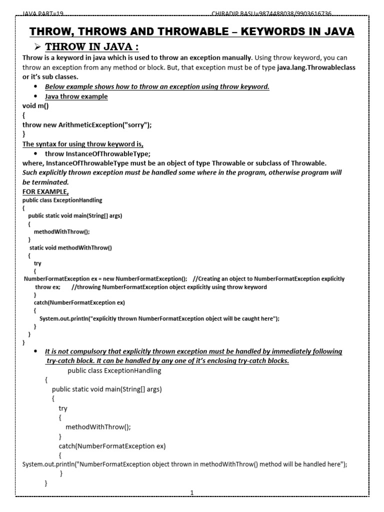 Throw Throws Throwable KEY WORD | PDF | Class (Computer Programming) | Method (Computer Programming)
