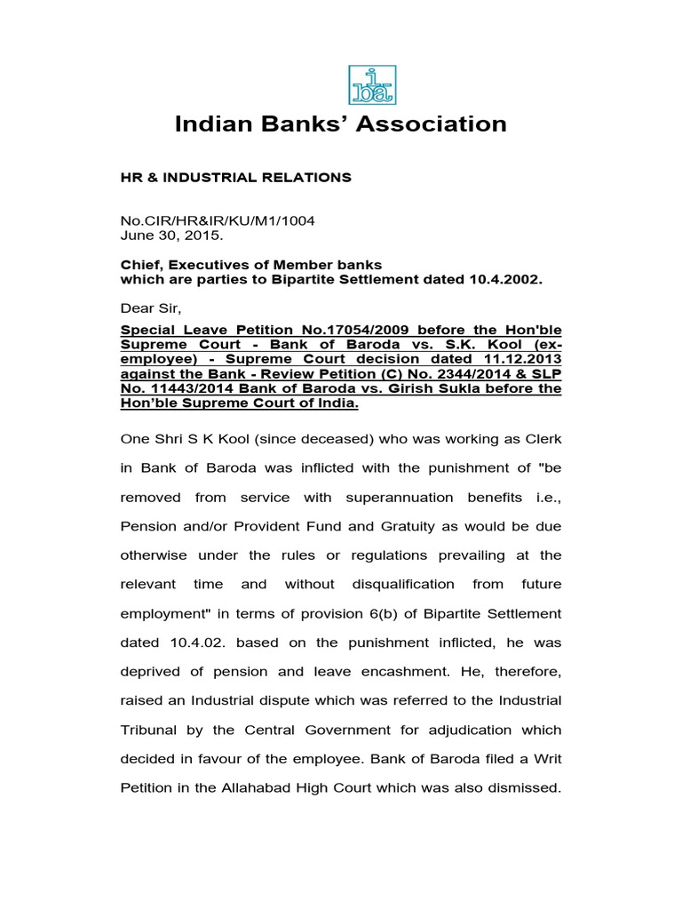 IBA Letter Dated 30-06-2015 (1) To Banks | PDF | Pension | Employment