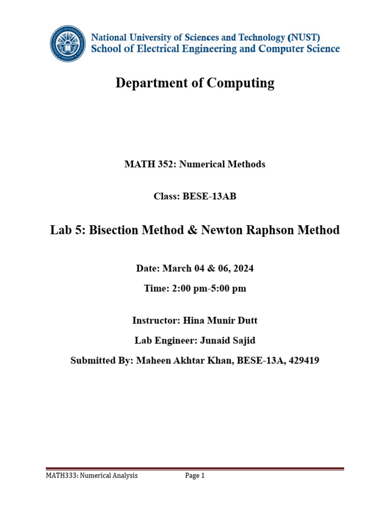 Lab 5 - Bisection Method Newton Raphson Method | PDF | Matlab | Numerical Analysis