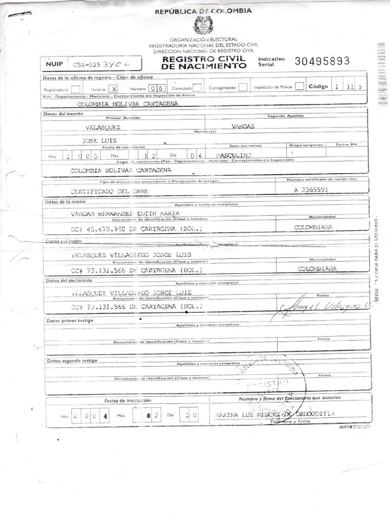Registro Civil Jorge Luis Velasquez | PDF