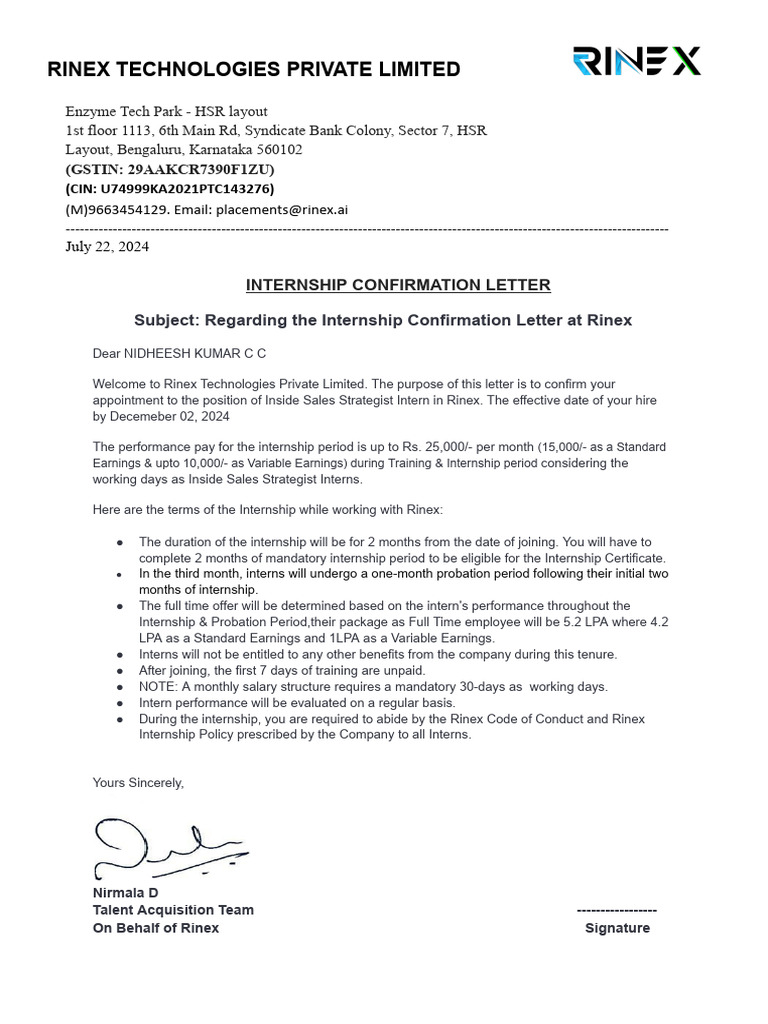 Internship Confirmation Letter-NIDHEESH KUMAR C C | PDF | Labor | Business
