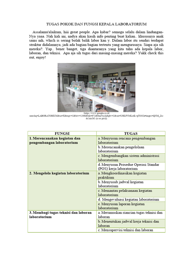 Tugas dan Fungsi Kepala Laboratorium | PDF