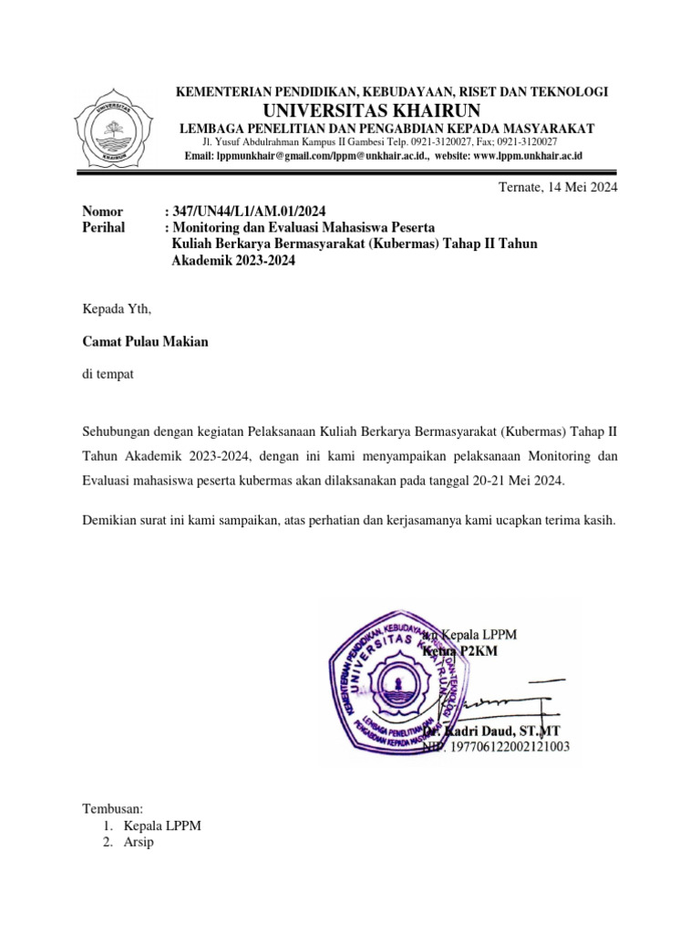 Surat Pemberitahuan Monitoring Dan Evaluasi Mahasiswa Peserta KUBERMAS ...