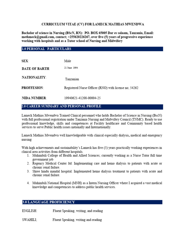 New CV Lameck - 021641-3 | PDF | Nursing | Hemodialysis