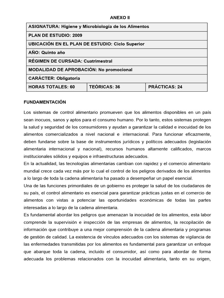 ANEXO II Programa Higiene y Microbiologia de Los Alimentos | PDF | Alimentos | Seguridad alimenticia