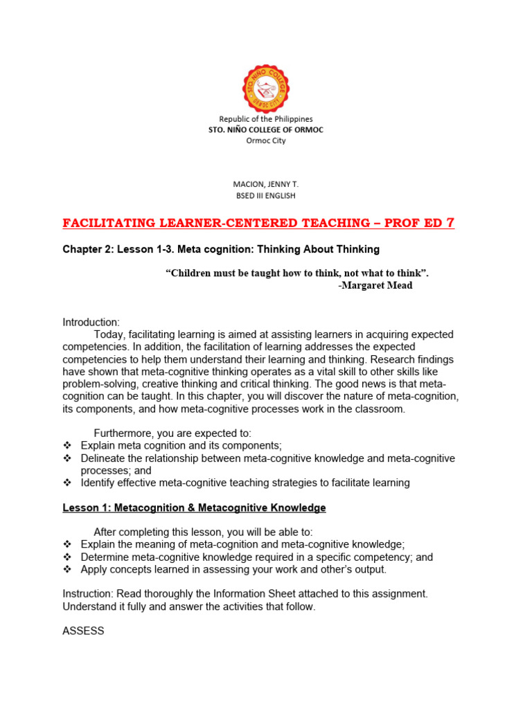 (Template) Prof Ed 7 - Ch2Lesson1-3 | PDF | Metacognition | Learning