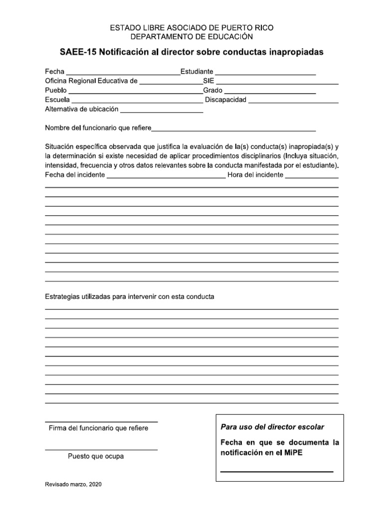 Saee 15 Notificacion Al Director Sobre Conductas Inapropiadas | PDF