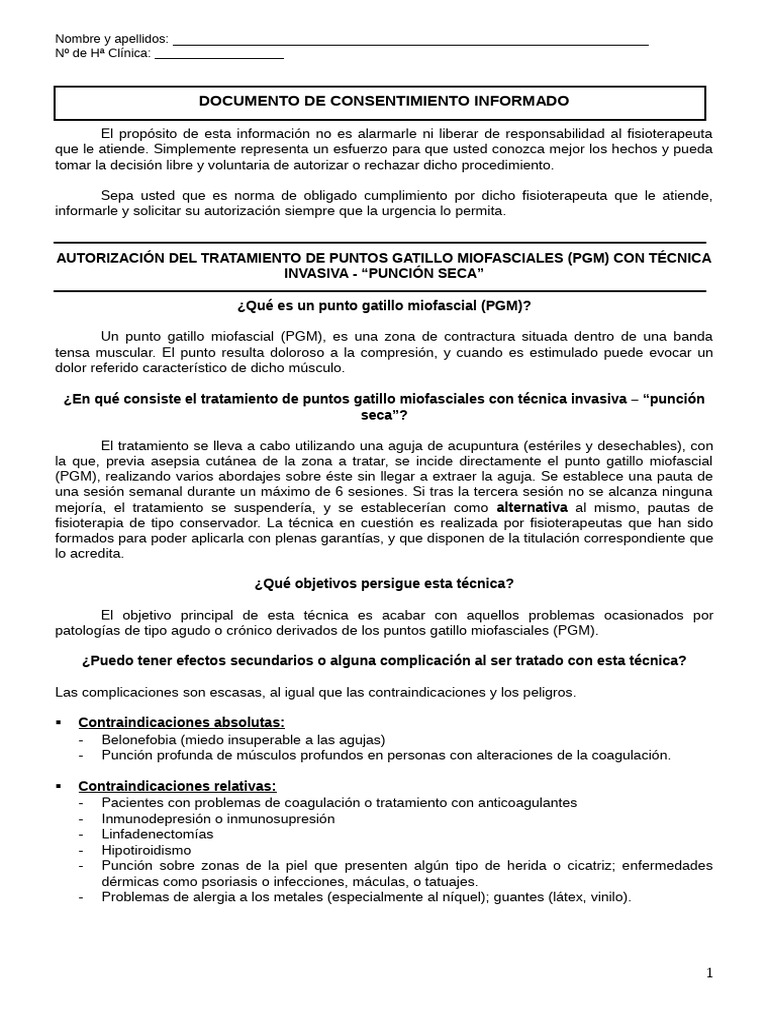 Consentimiento Puncion Seca Profunda | PDF | Punto gatillo miofascial ...